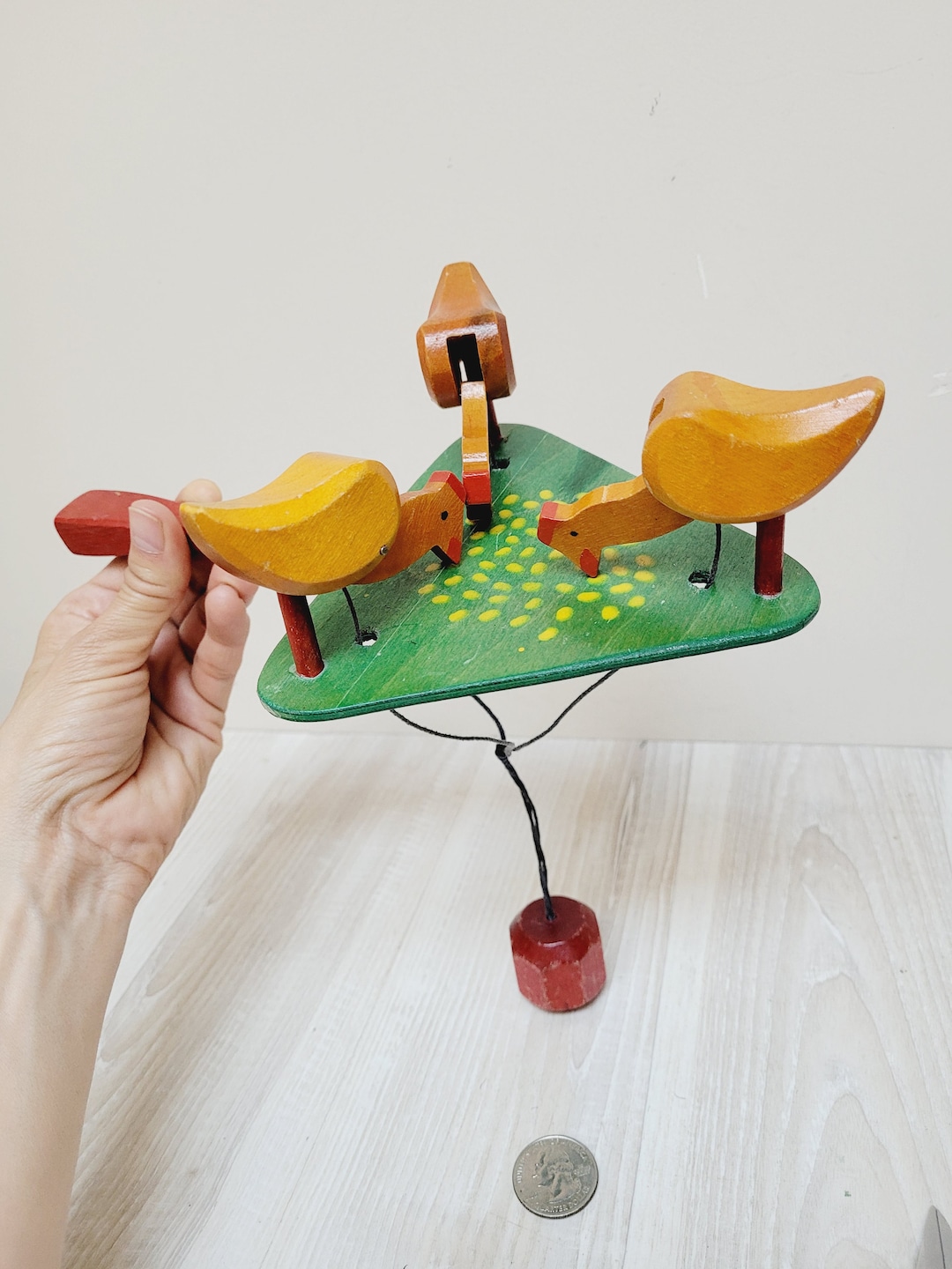 3 Pecking Chicken, Wooden Hen Rooster on Triangle Paddle Kid Toy ...