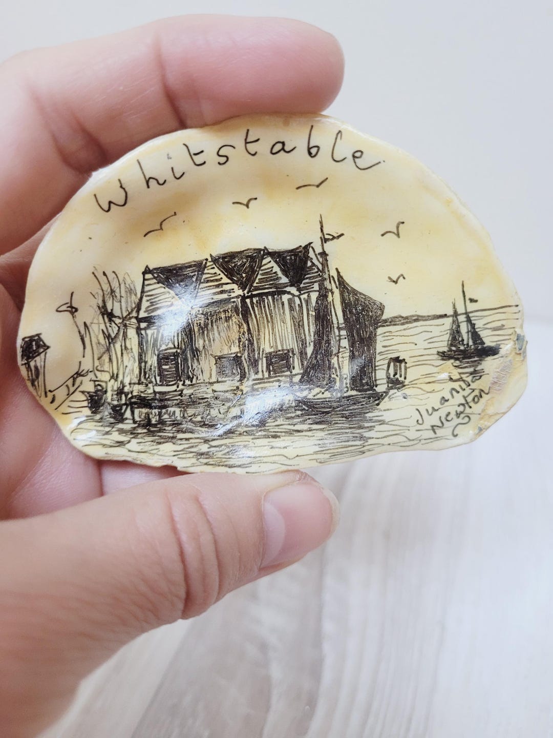 Whitstable Ink Drawing on Oyster Shell by Juanita Newton, Little Travel Souvenir Wall Hanging ...
