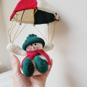 Snowman Landing With Parachute Stuffed Christmas Tree Ornament, Vintage ...