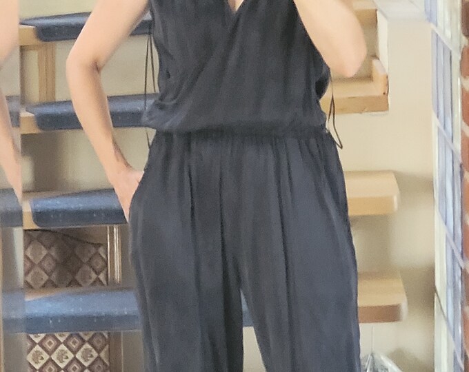 Women Pure Silk Romper, Dark Blue Midi Shorts Playsuit, Vintage Ruffle ...