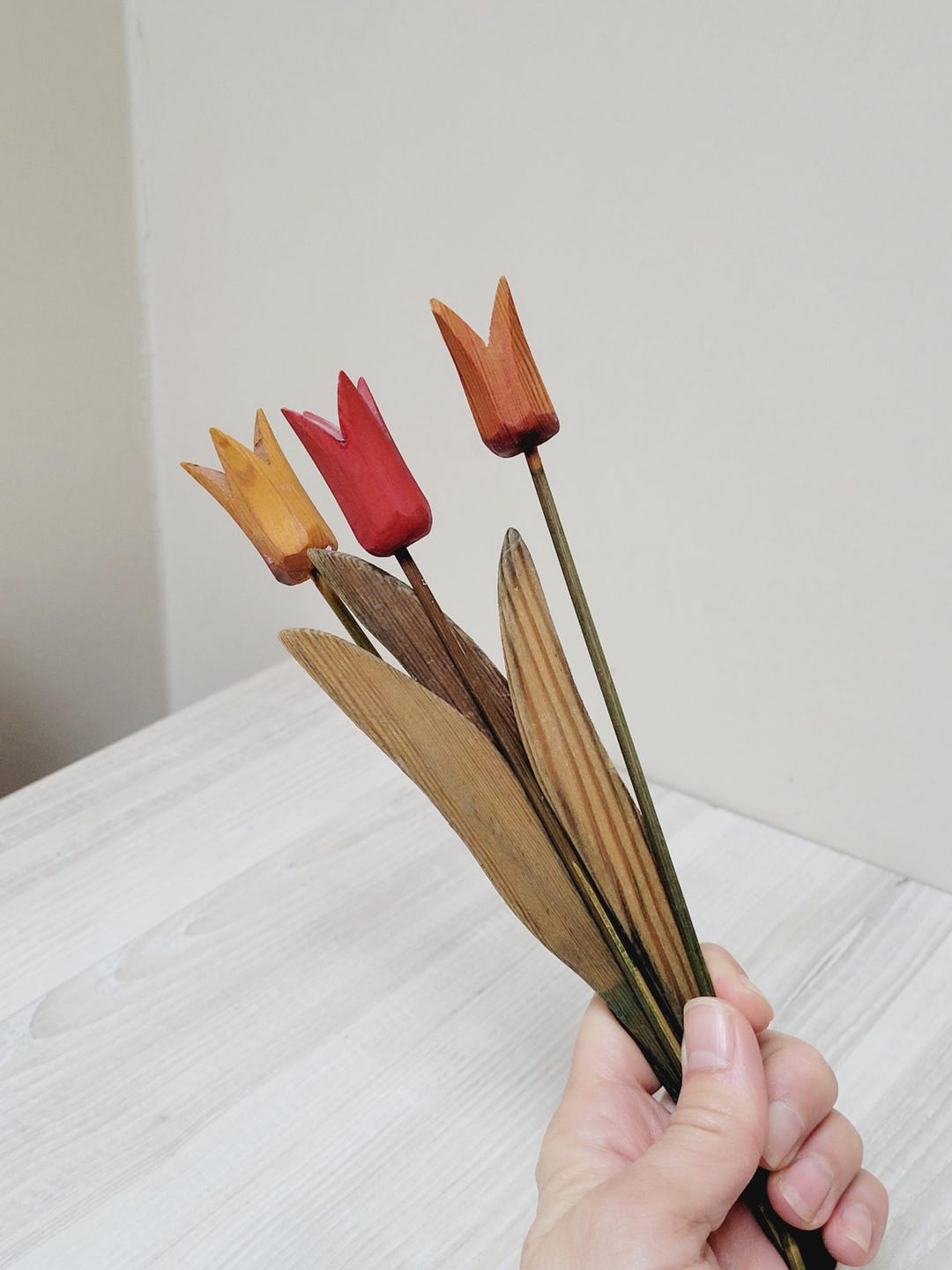 3 Wooden Tulip Flower Blossom, Easter Faux Tulips Artificial Flowers ...