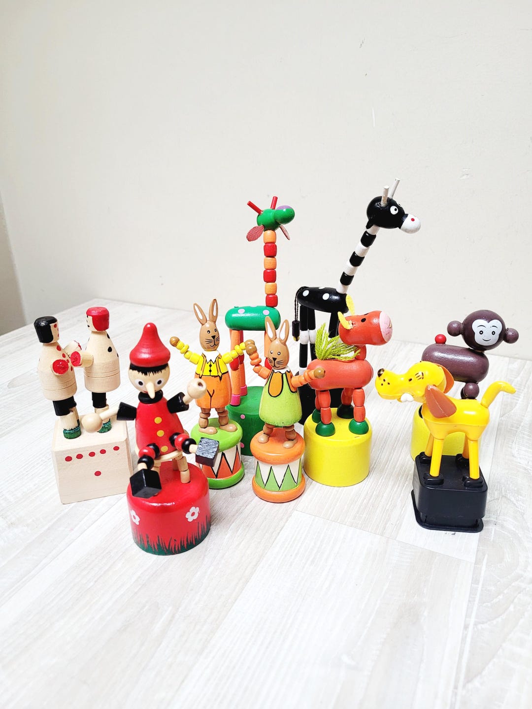 Wooden Push Button Easter Rabbit Giraffe Horse Dog Bunny Puppet ...