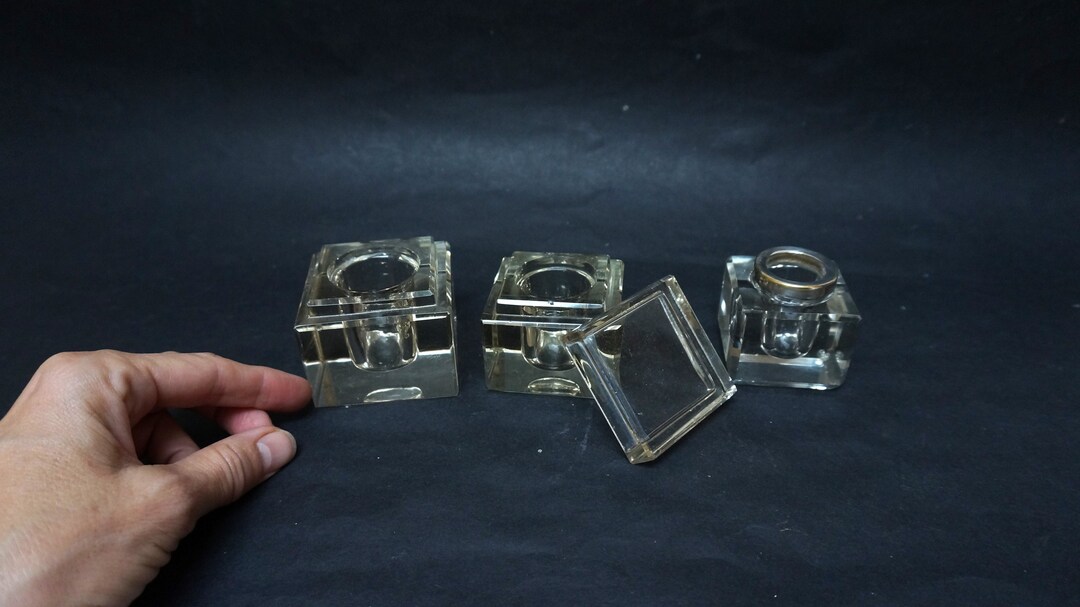 Set of 3 Art Deco Square Glass Inkwell, Desk Decoration, Classic ...