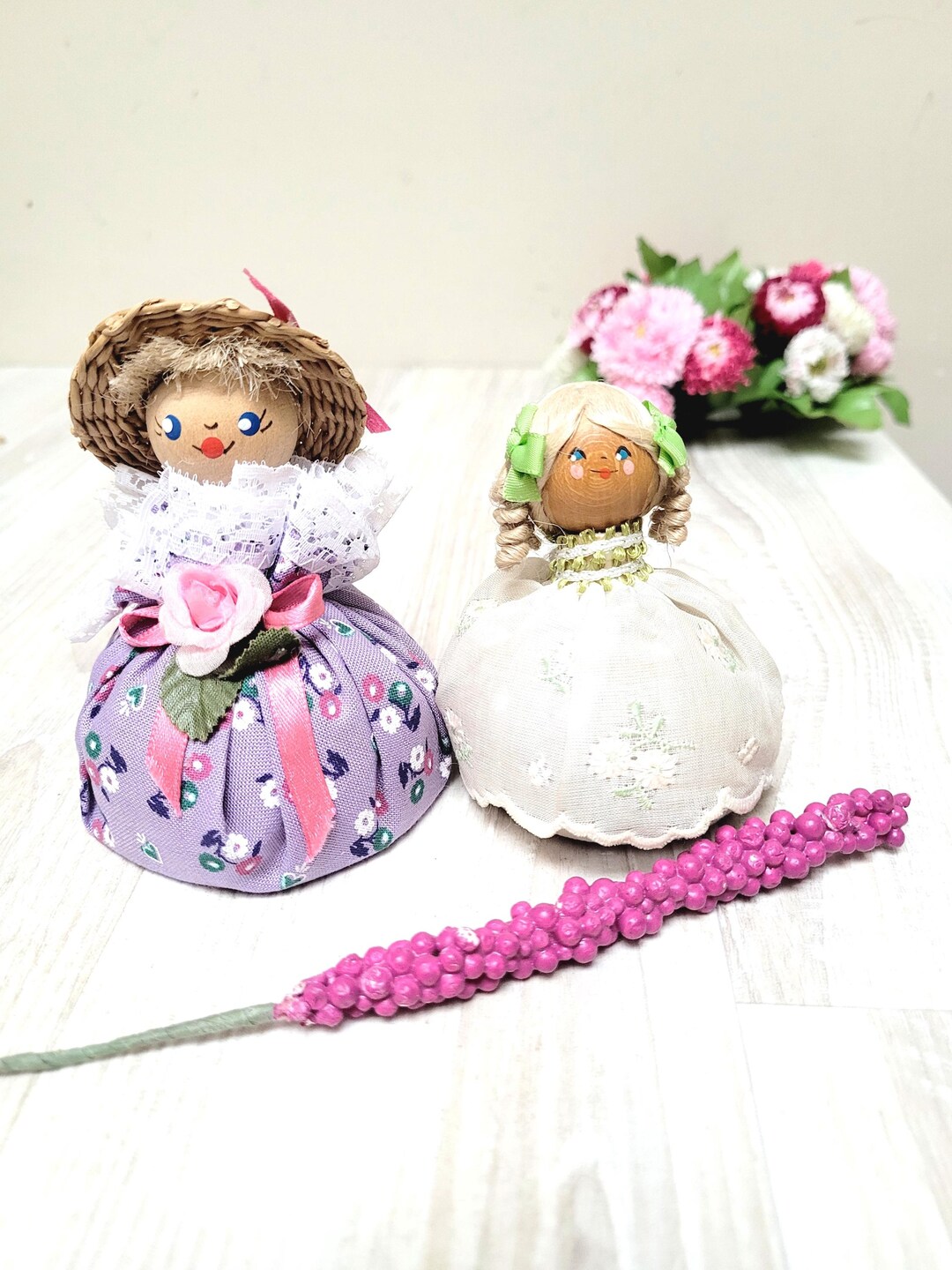 Set of 2 Lintage Lavender Sachet Doll, Wooden German Erzgebirge Curly ...
