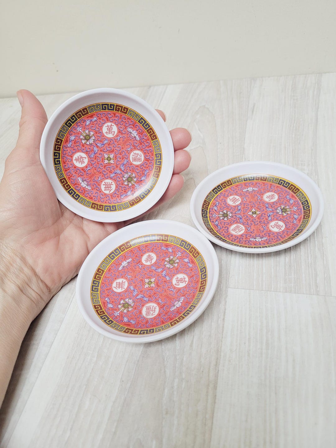 Set of 3 Small Melamine Plates by Long Ya, Pink Longevity Pattern Mei ...