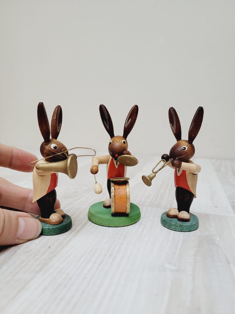 3"/7.5 Cm Set of 3 German Erzgebirge Bunny Orchestra Easter Figurines ...