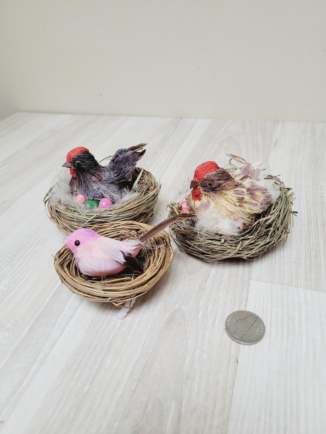 3 Easter Birds in Nest, Real Feather Sisal Figurine, Hatching Hen ...