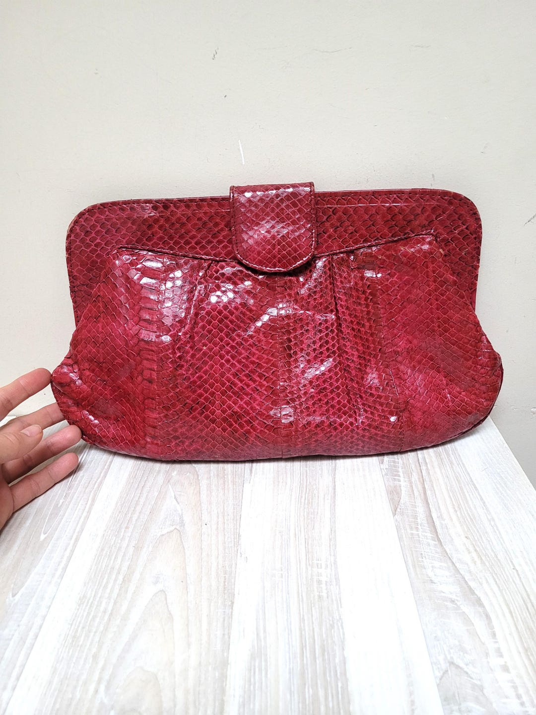 Genuine Patent Snakeskin Clutch, Burgundy Real Snake Skin Hide Leather ...