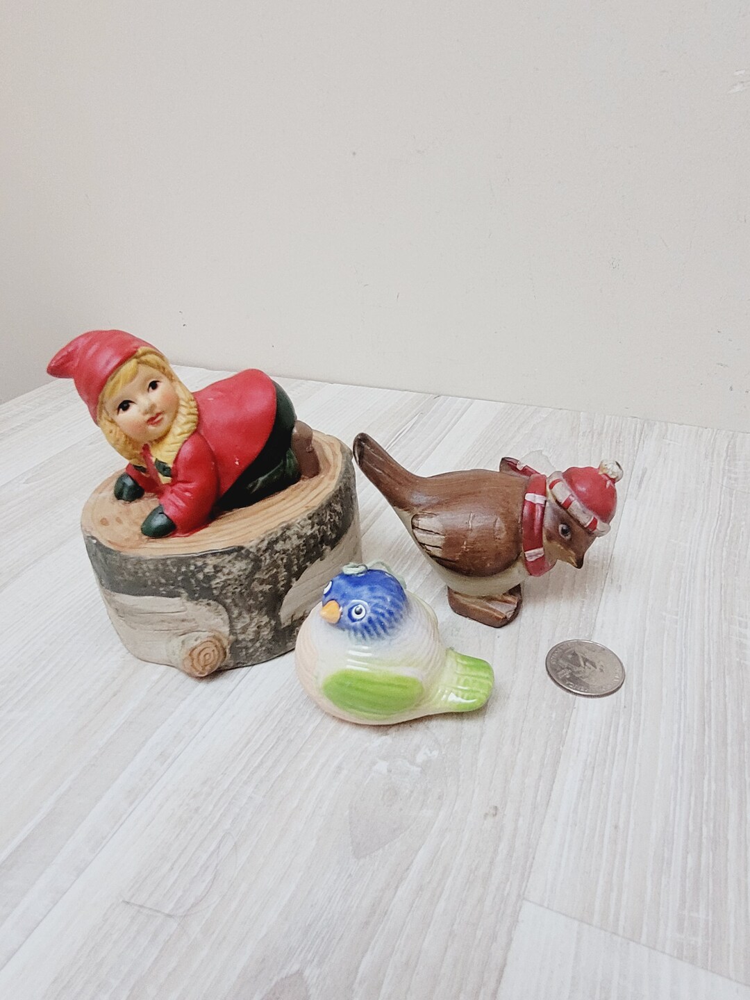 3 Set Scandinavian Ceramic Pixie Girl Sparrow Bird Figurine, Tomte ...