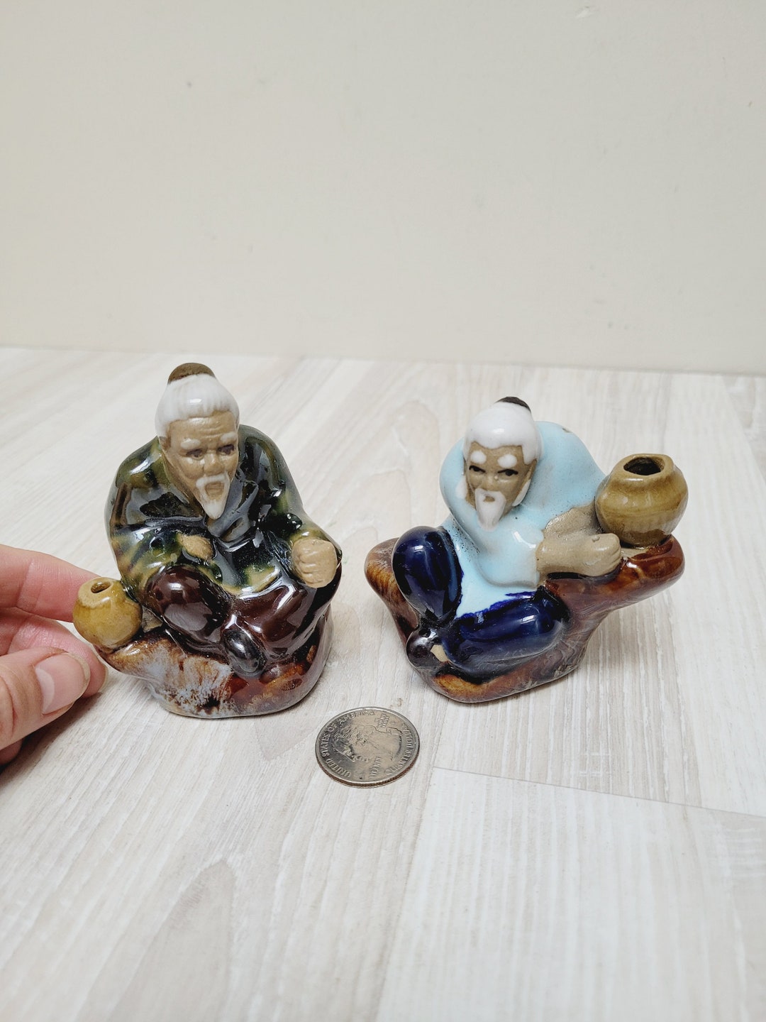 Set of 2 Mini Shiwan Asian Chinese Figurine Old Man, Oriental Mudman ...