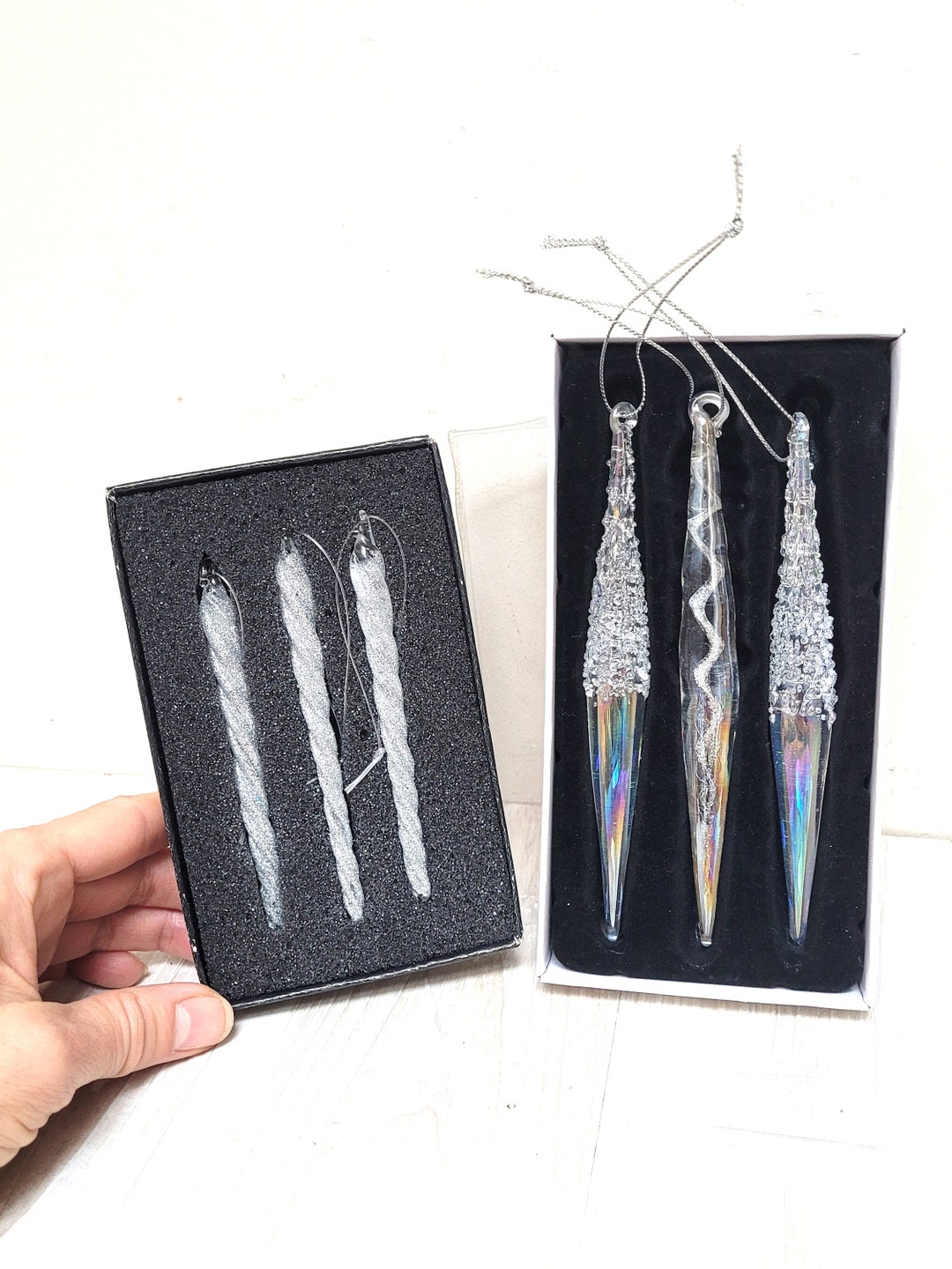 Set of 6 Glass Icicle Ornament, Iridescent Clear Handmade Hand Fused ...