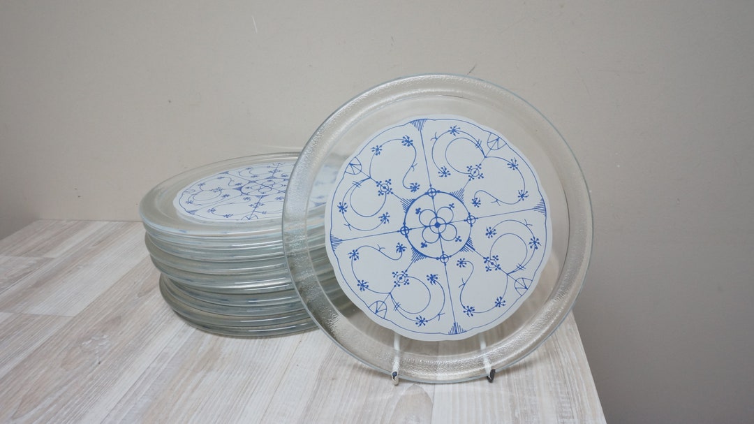 Scandinavian German Blau Saks Style Glass Plates; White Blue Vintage ...