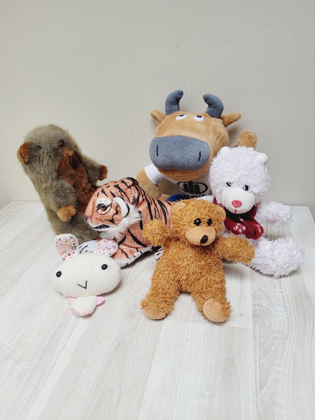 6 Stuffed Plush Animals Marmot Tiger Teddy Bear Bull Ox Bunny Rabbit ...