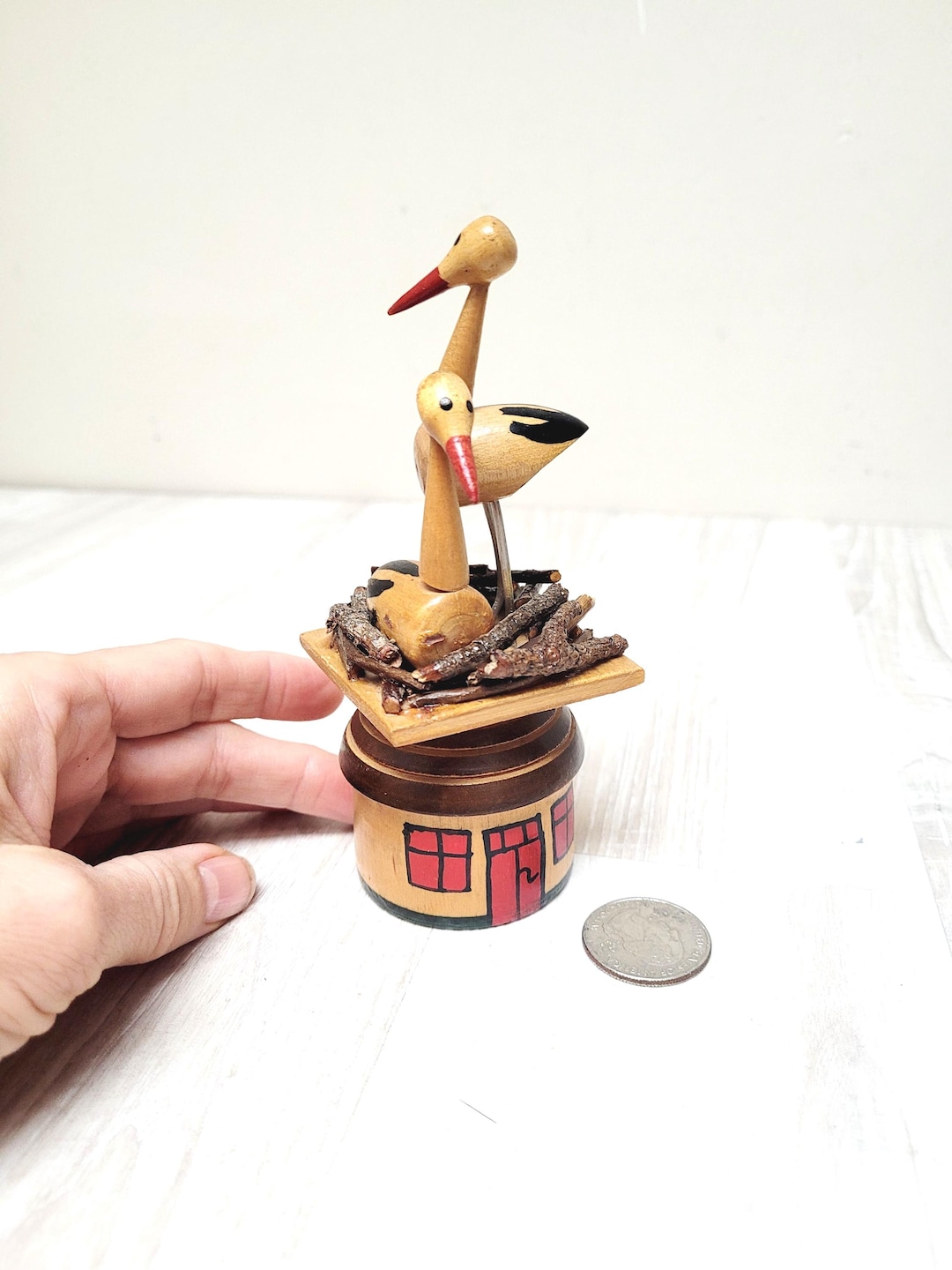 Wooden Stork, Couple of Storks on House Roof Figure Figurine Vintage ...