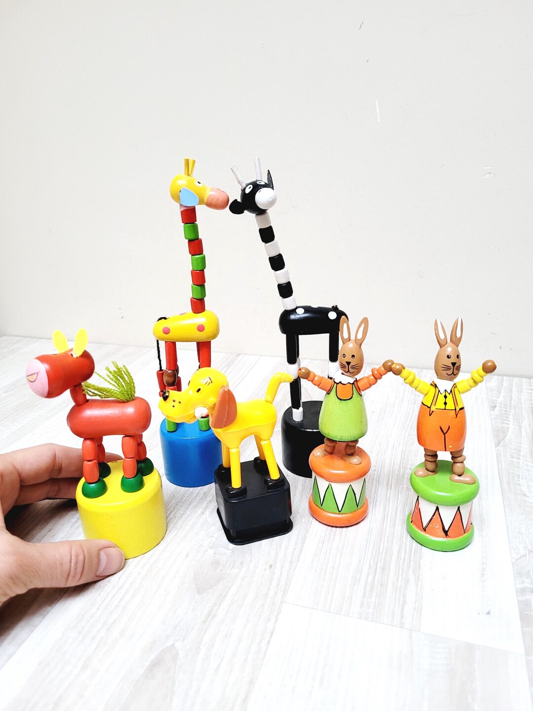 Wooden Push Button Easter Rabbit Giraffe Horse Dog Bunny Puppet ...