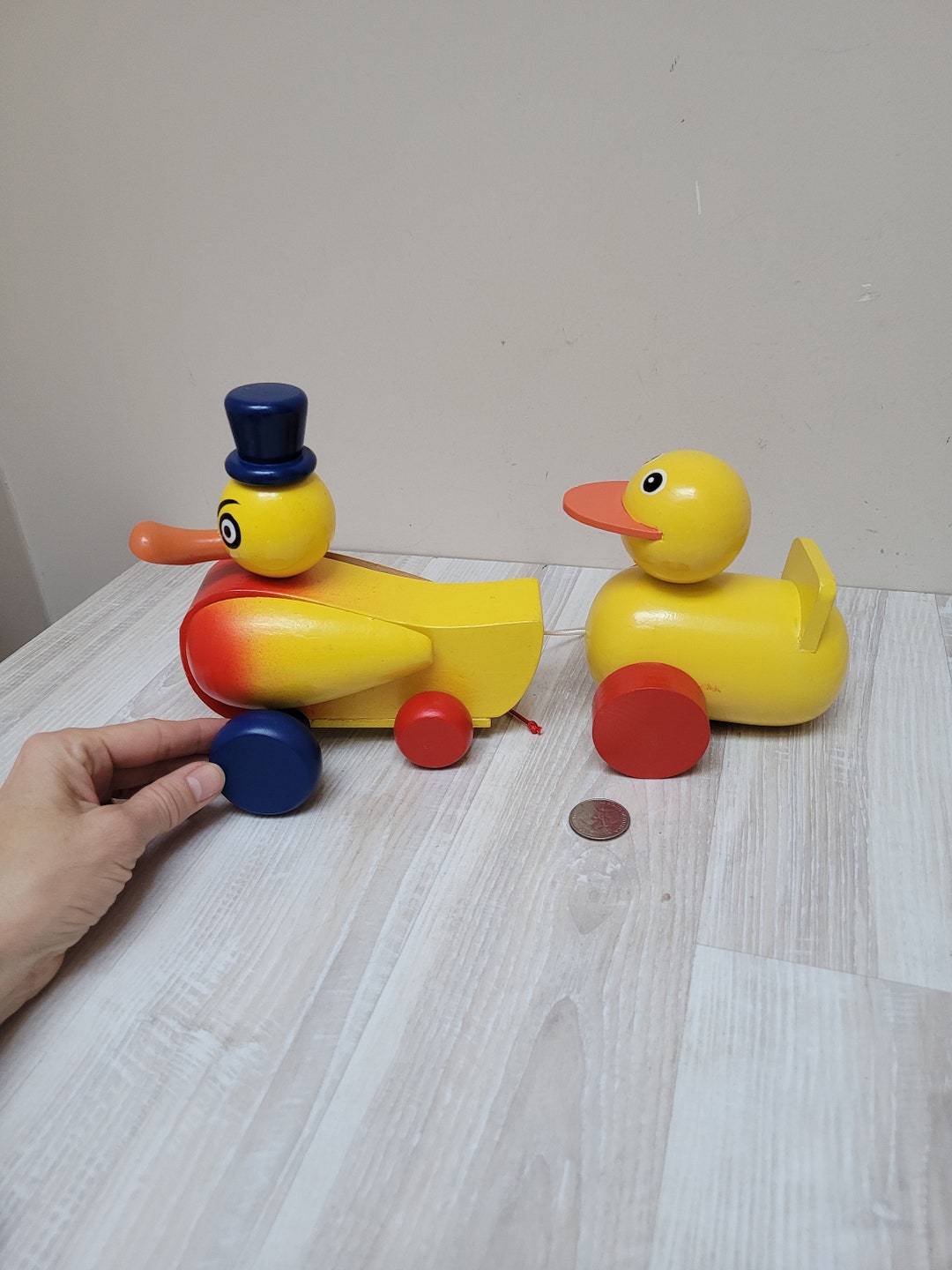 Lot of 2 BIG Vintage Wooden Duck on Wheels, Pull Along Toy Collectable ...