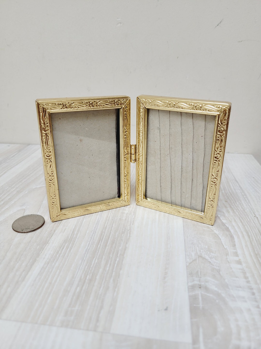 Double Folding Photo Frames, Vintage Gold Tone Brass Bronze Frame for 2 ...