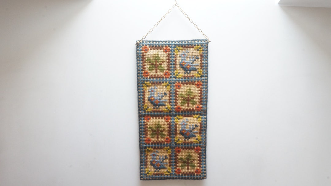 Peacock & Maple Leaves Long Wall Hanging Bell Pull, Swedish Tapestry Embroidery on Metal Chain ...