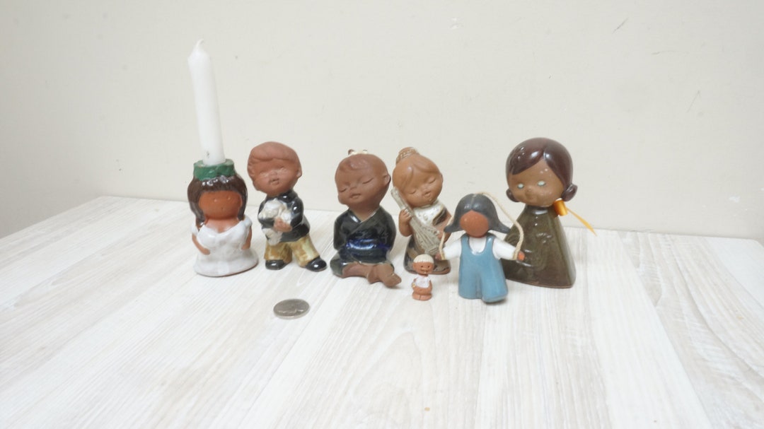 Set of 7 Ceramic Children Figurine, Handmade Jingle Bell Candleholder ...