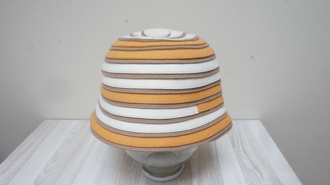 Beige White Stripe Quilted Felted Bucket Fedora Warm Hat Cap Girl Woman ...