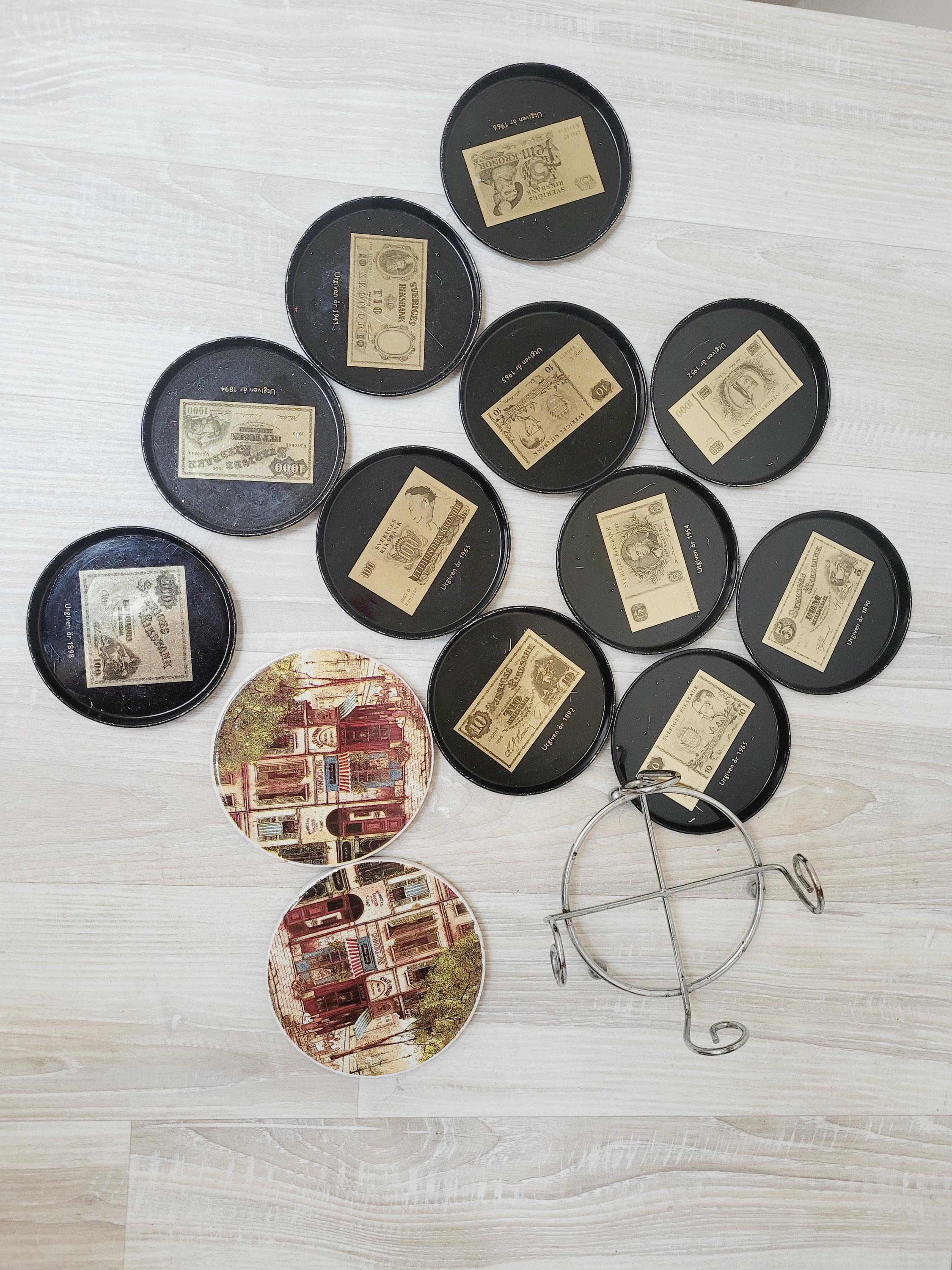 Set of 13 Swedish Banknote Metal Tin Coaster in Holder, Money History ...