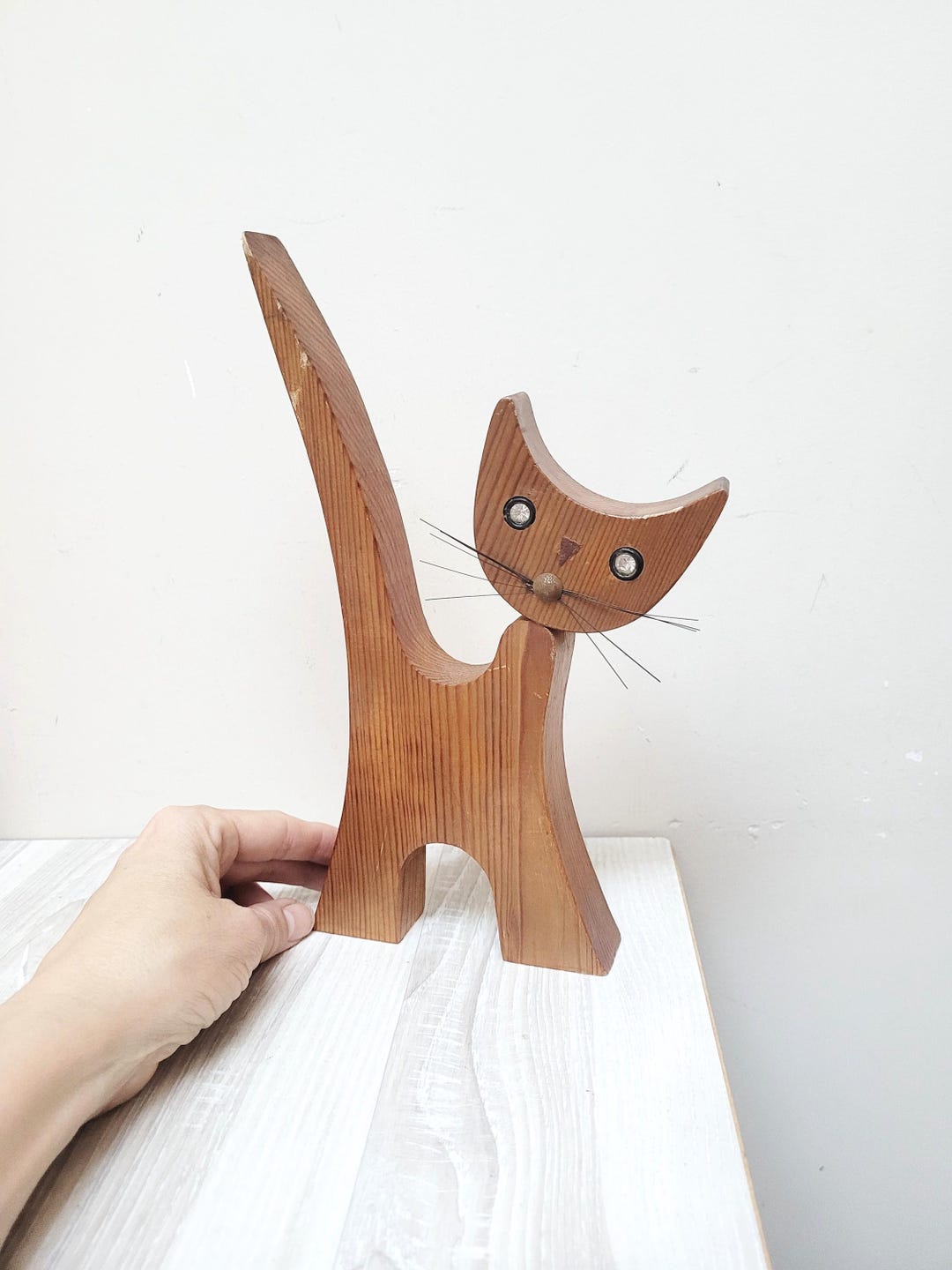 Big German Wooden Cat Figurine, Hand Carved Kitten Statuette Figure ...