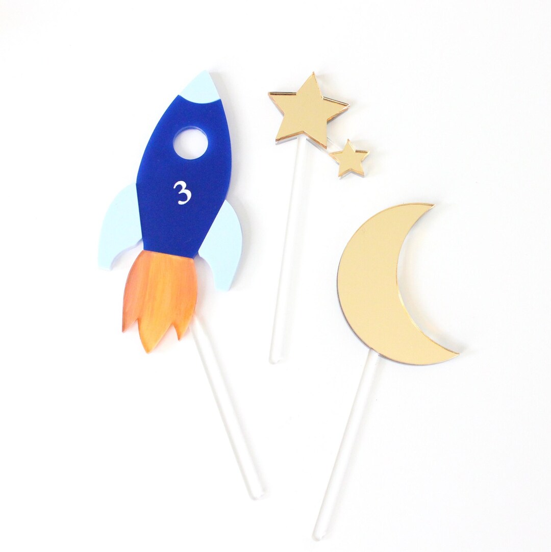 Rocket Ship Cake Topper Set - Star and Moon Cake Topper - Acrylic Topper - Space Party Theme ...