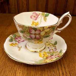 Royal Albert Crown China Clematis Teacup and Saucer Hand Painted Yellow ...