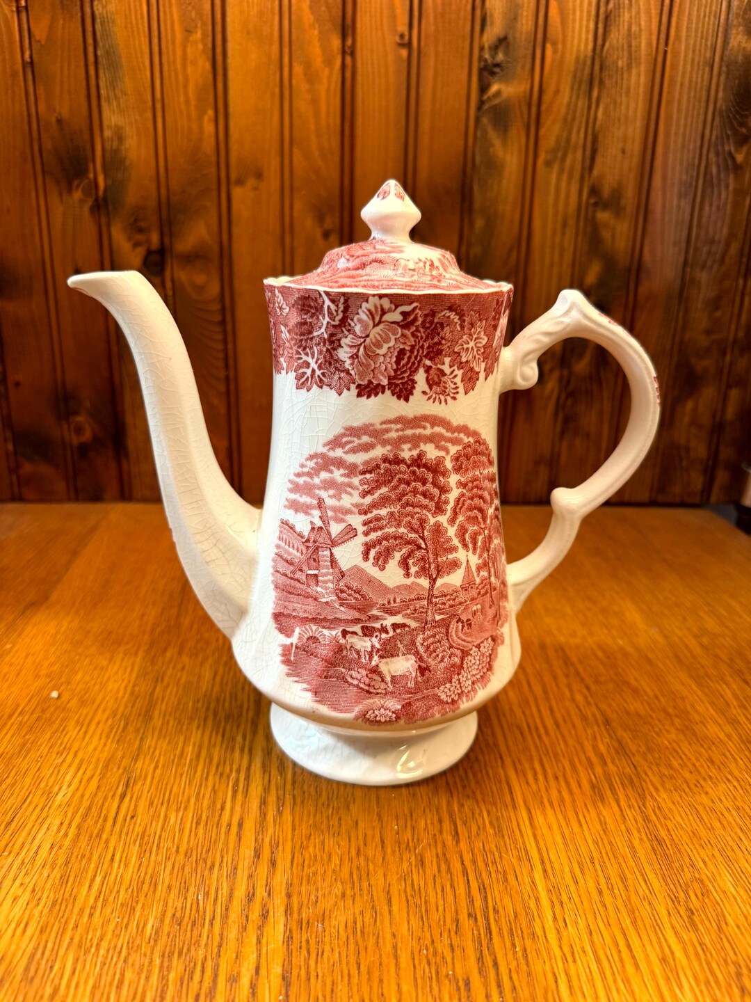 Enoch Wood's English Scenery Tall Footed Tea Pot, Coffee Pot, Pink ...