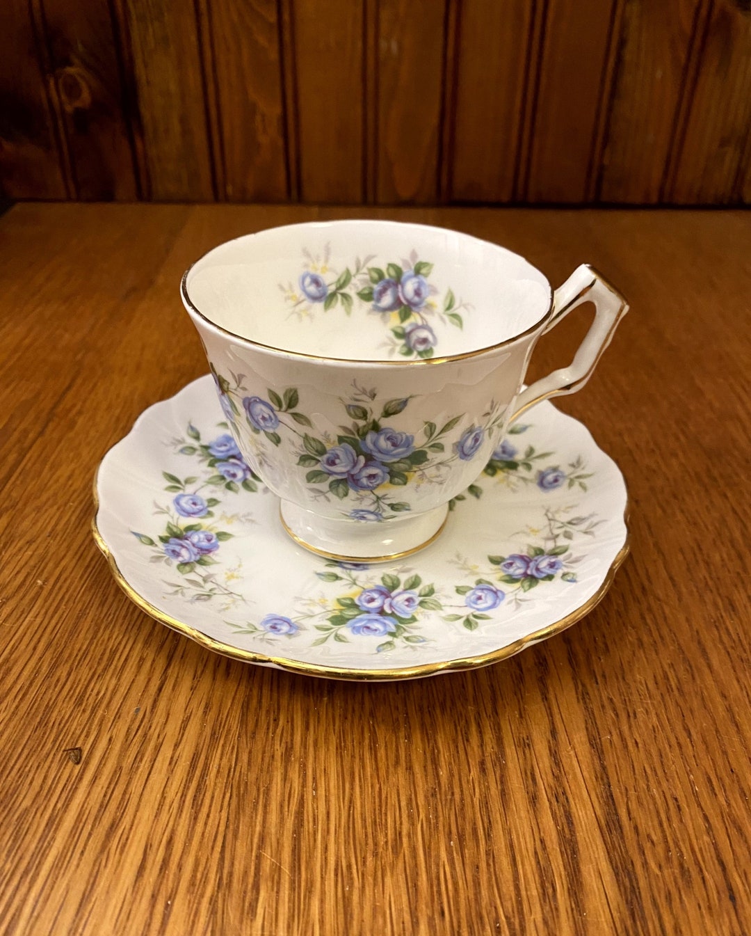 Aynsley Blue Cabbage Roses, Crocus Shape Textured Teacup and Saucer ...