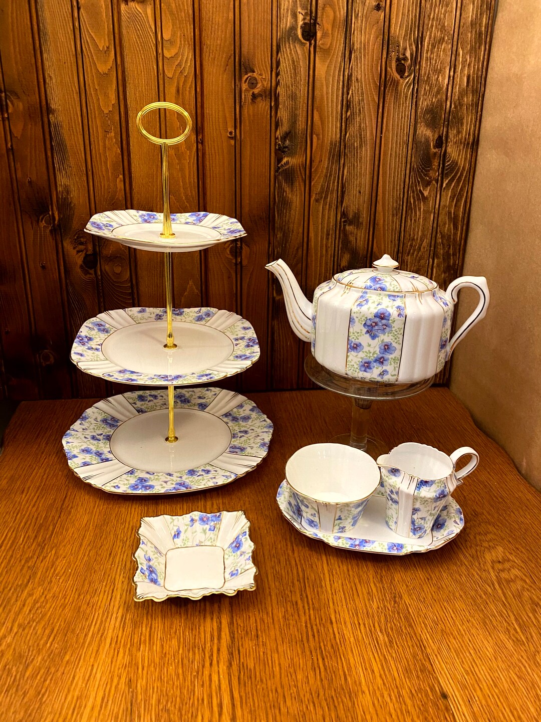 Royal Albert Blue Pansy Panel Chintz Tea Set With the Teapot, Cream and ...