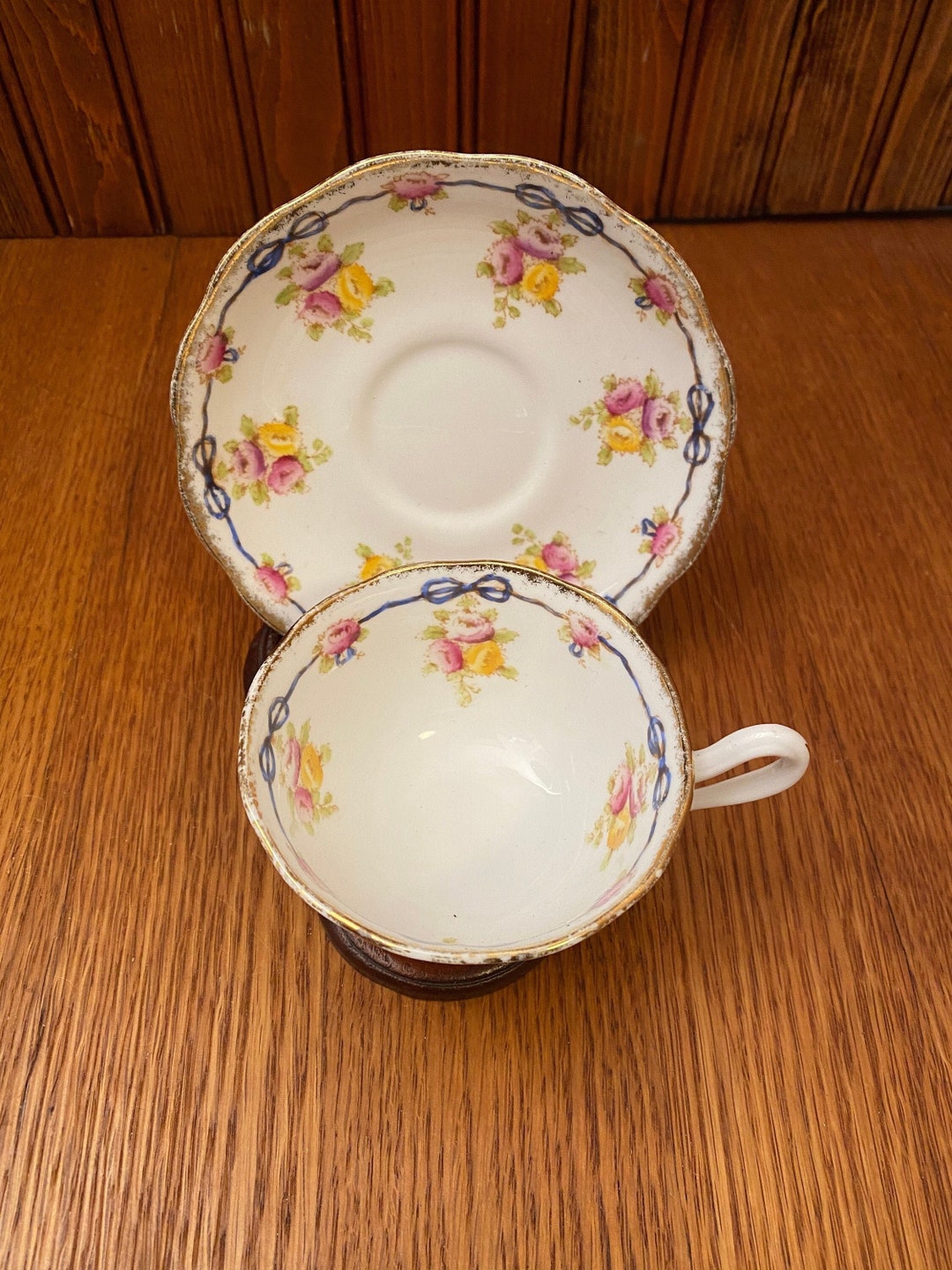 Royal Albert Crown China Hand Painted Cabbage Roses With Blue Ribbons ...