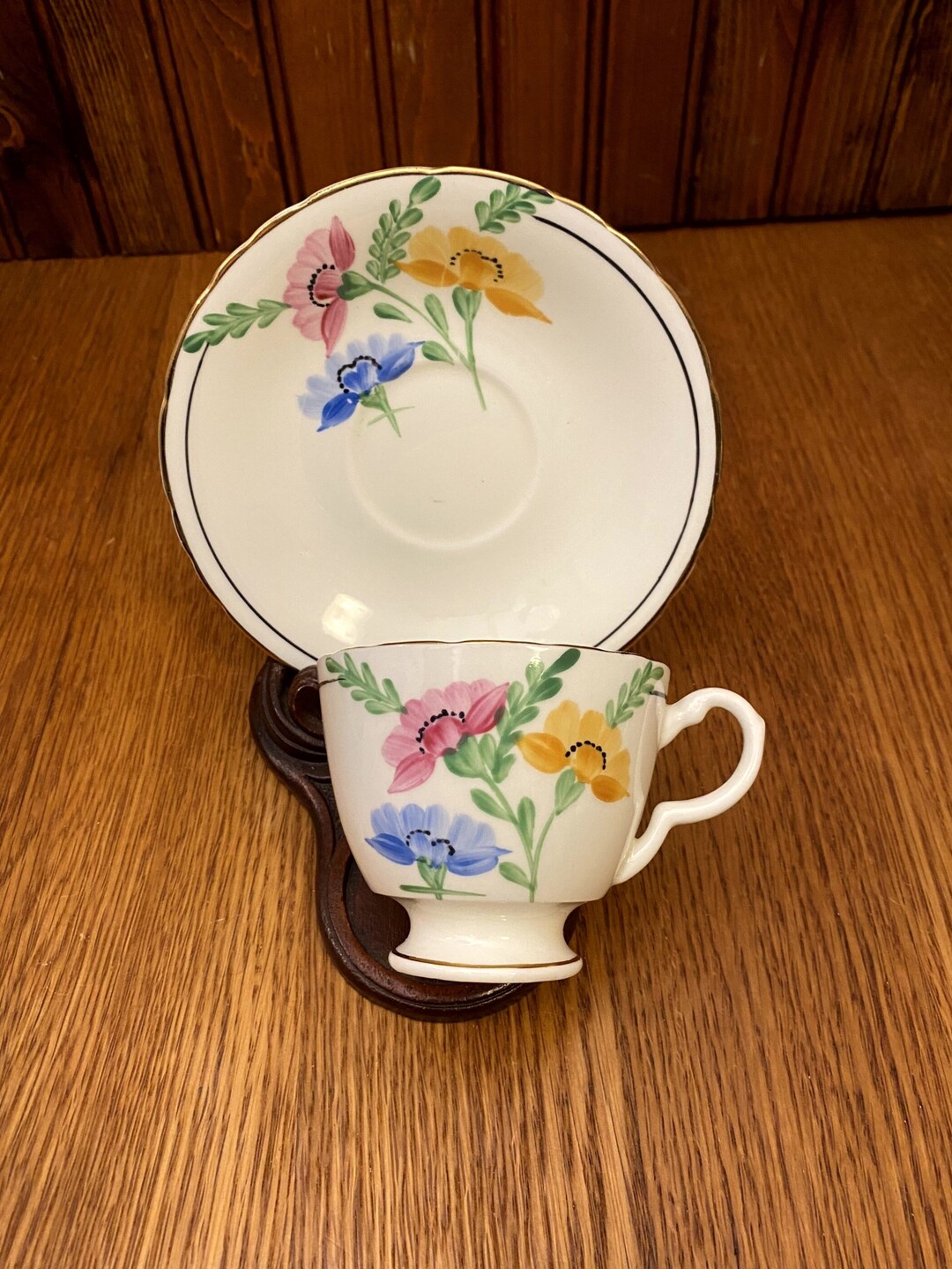 Delphine Bone China Teacup and Saucer With Hand Painted Wild Flowers ...