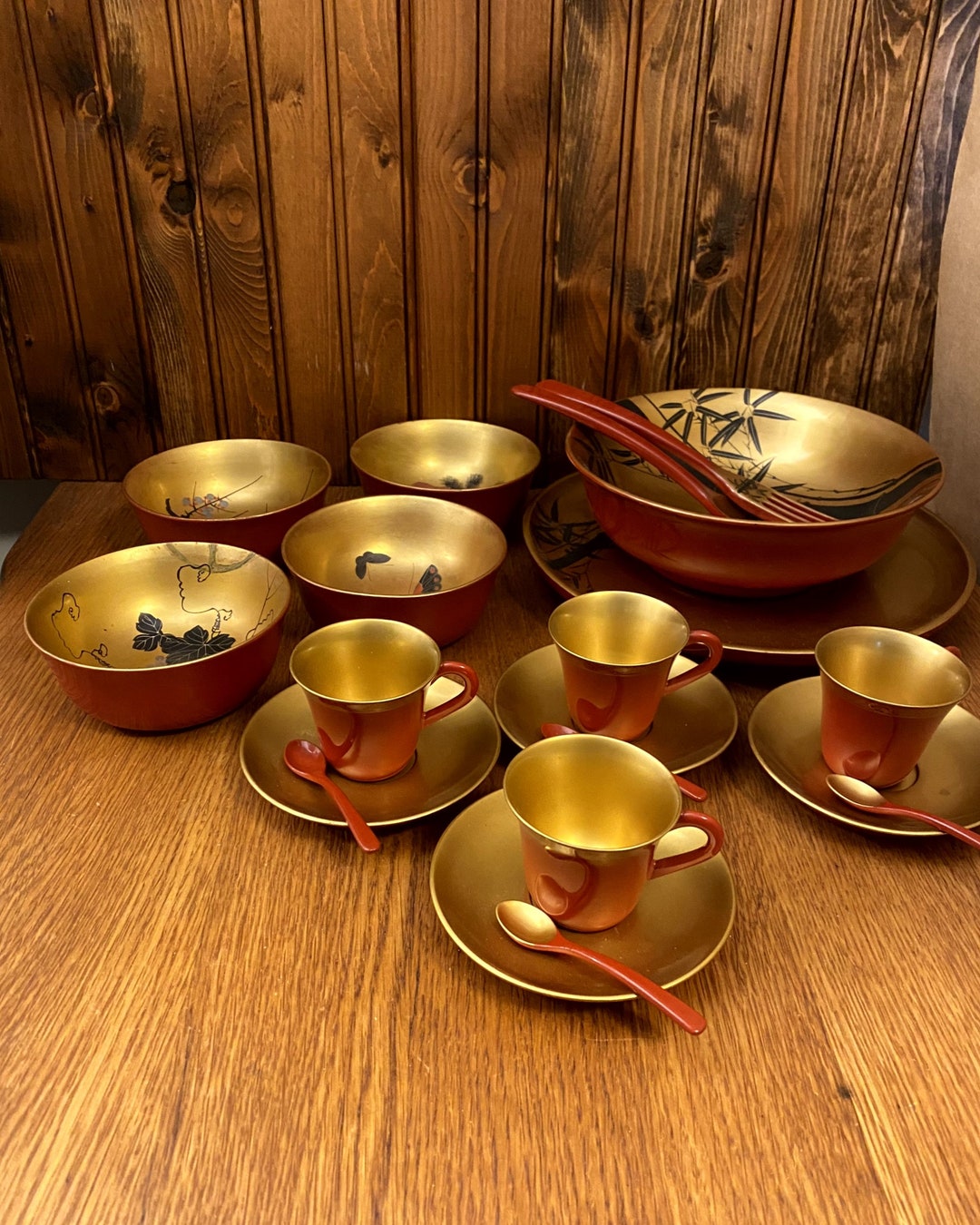 16 Piece Japanese Lacquerware, Red & Gold Hand Painted Set - Etsy