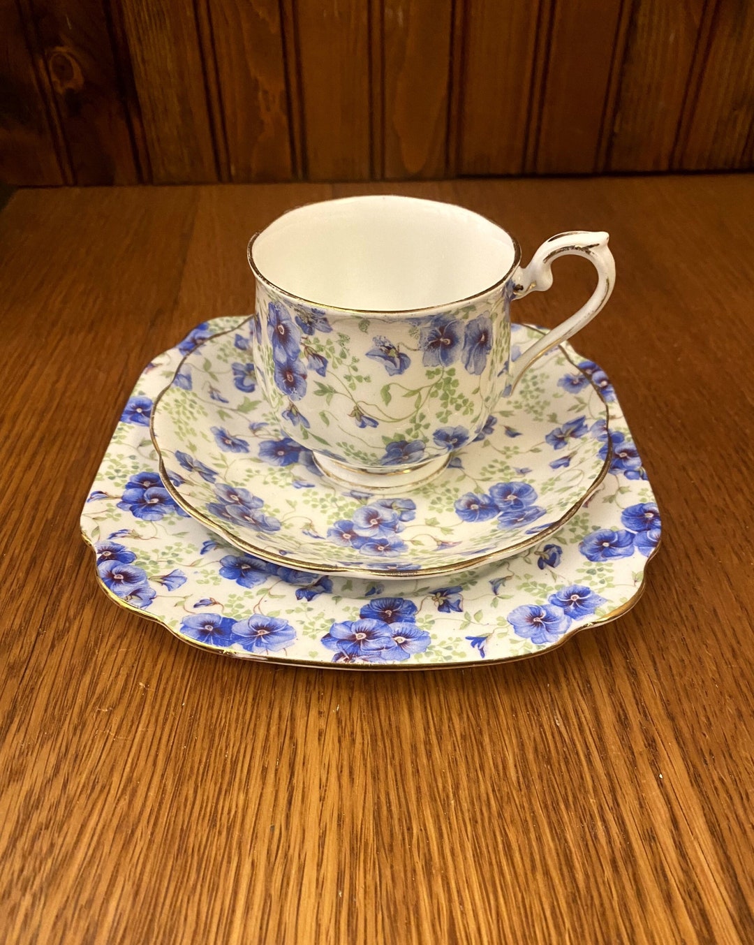 Royal Albert Blue Pansy Chintz Teacup, Saucer and Dessert Plate, Trio ...