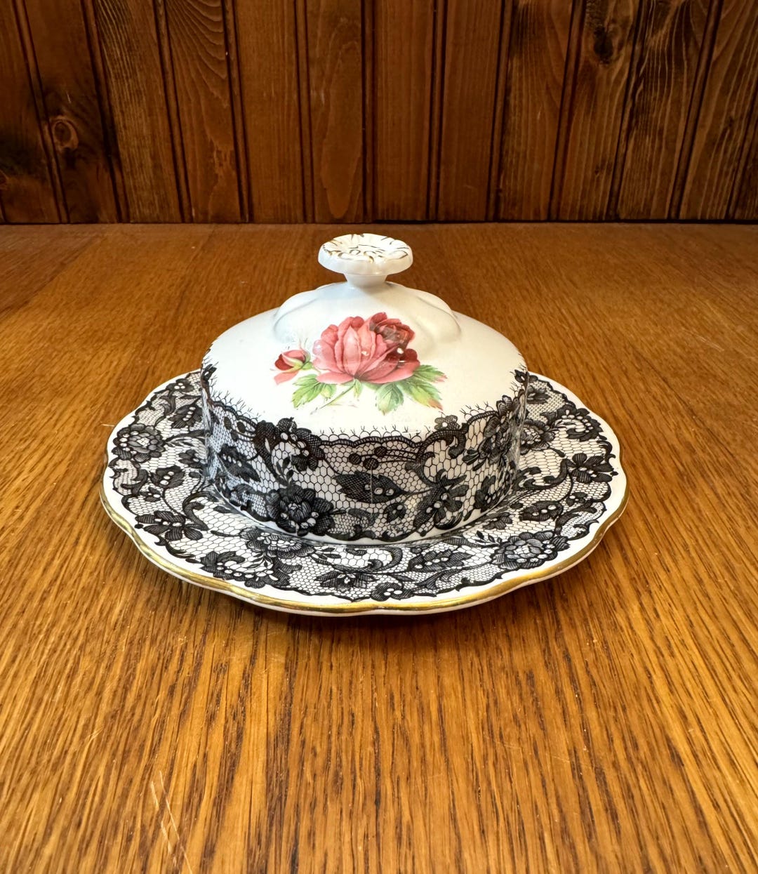 Rare Royal Albert Senorita Covered Butter Dish, Black Lace and Pink ...