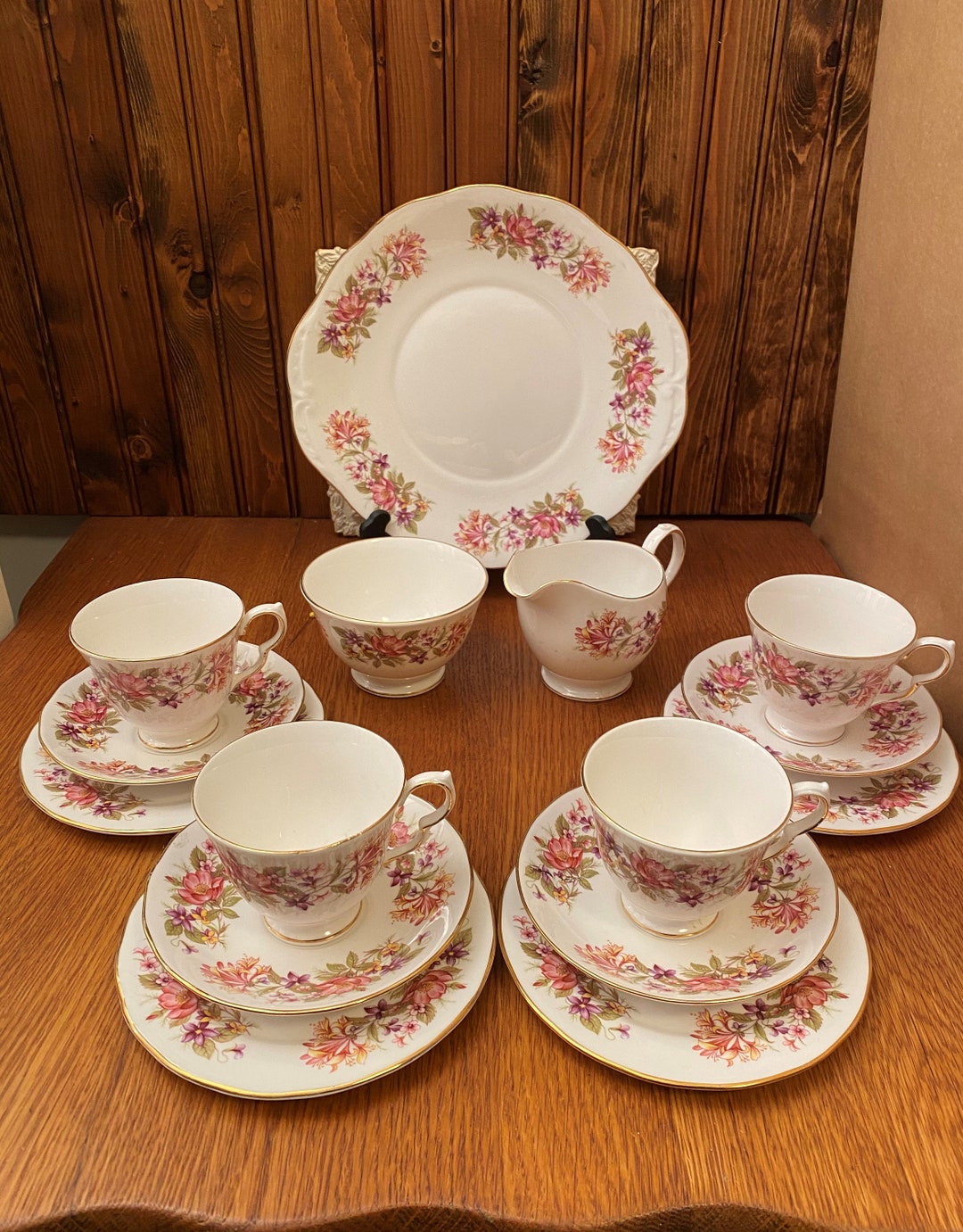 Colclough Bone China, Wayside Pattern, Dessert Set, Pink and Purple ...