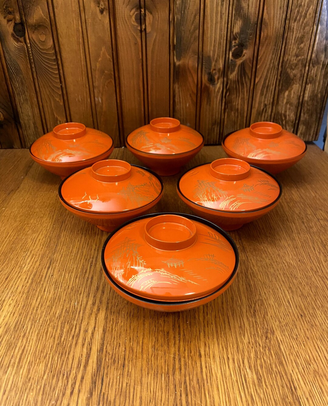 12 Piece Japanese Lacquerware, Red & Black With Gold Design, Covered ...