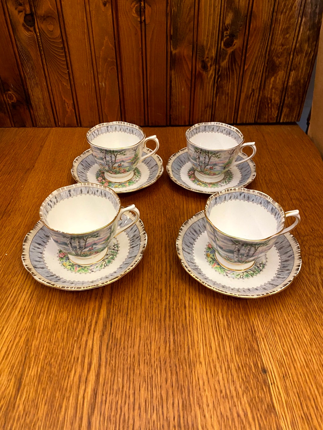 Set of 4, Royal Albert Silver Birch Teacup and Saucers - Etsy