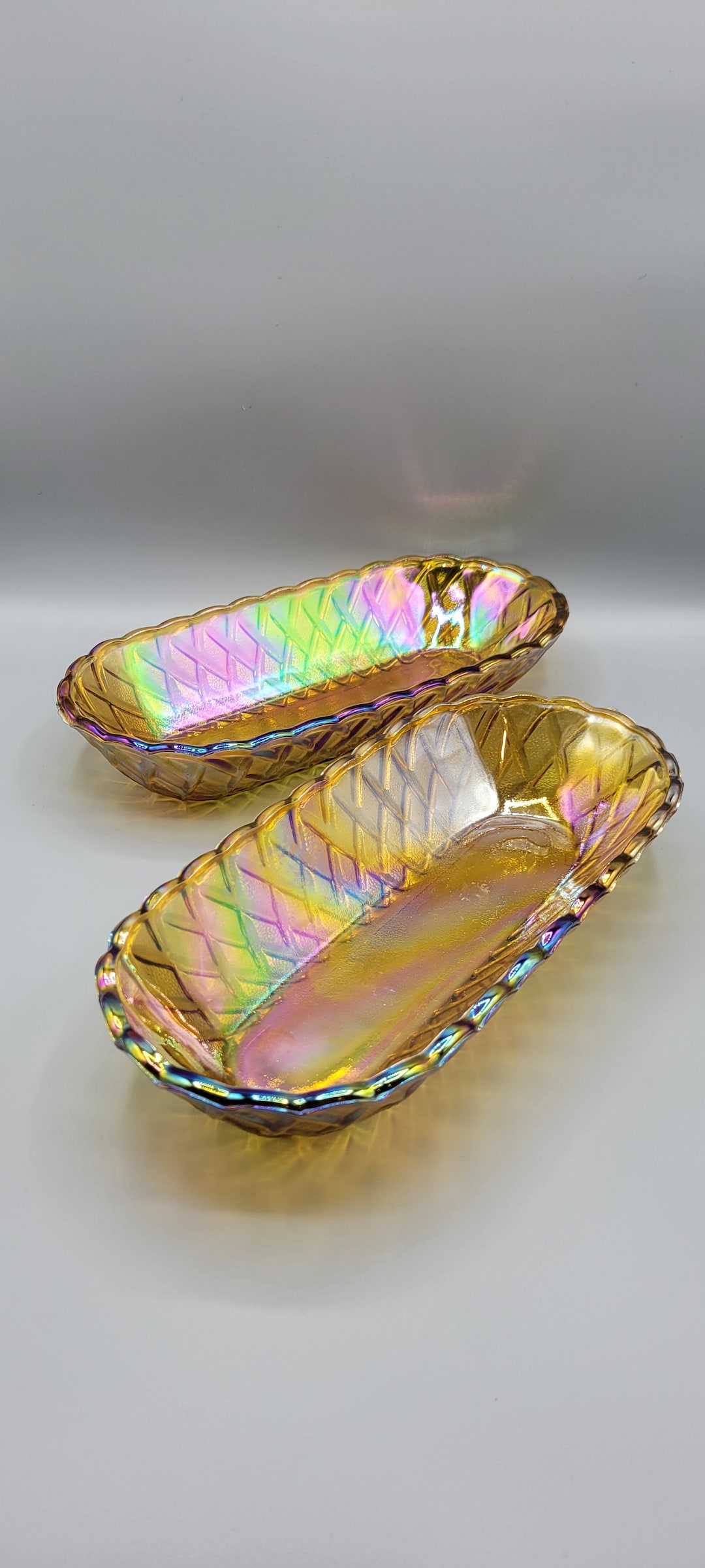 Marigold Carnival Glass Bread Relish Basket Weave Dish Bowl Indiana ...