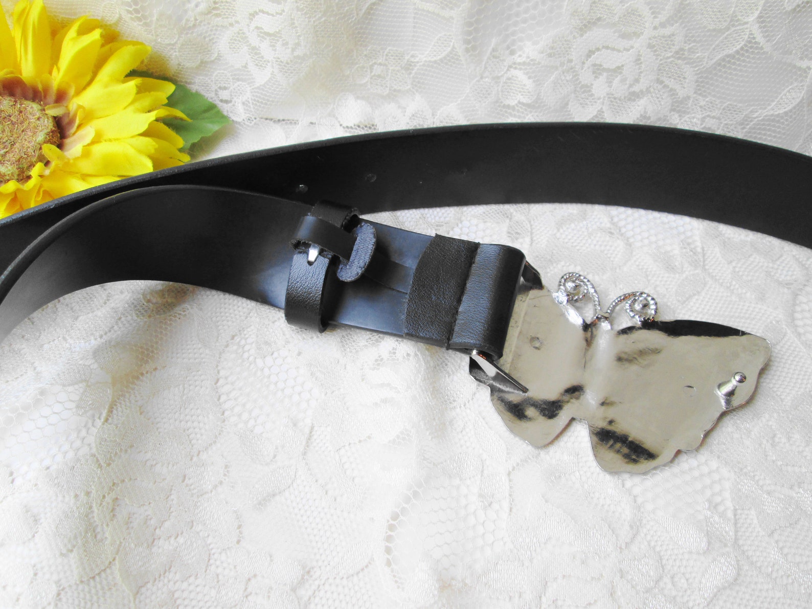 Black Leather Butterfly Belt Large Silver Metal Butterfly Buckle ...