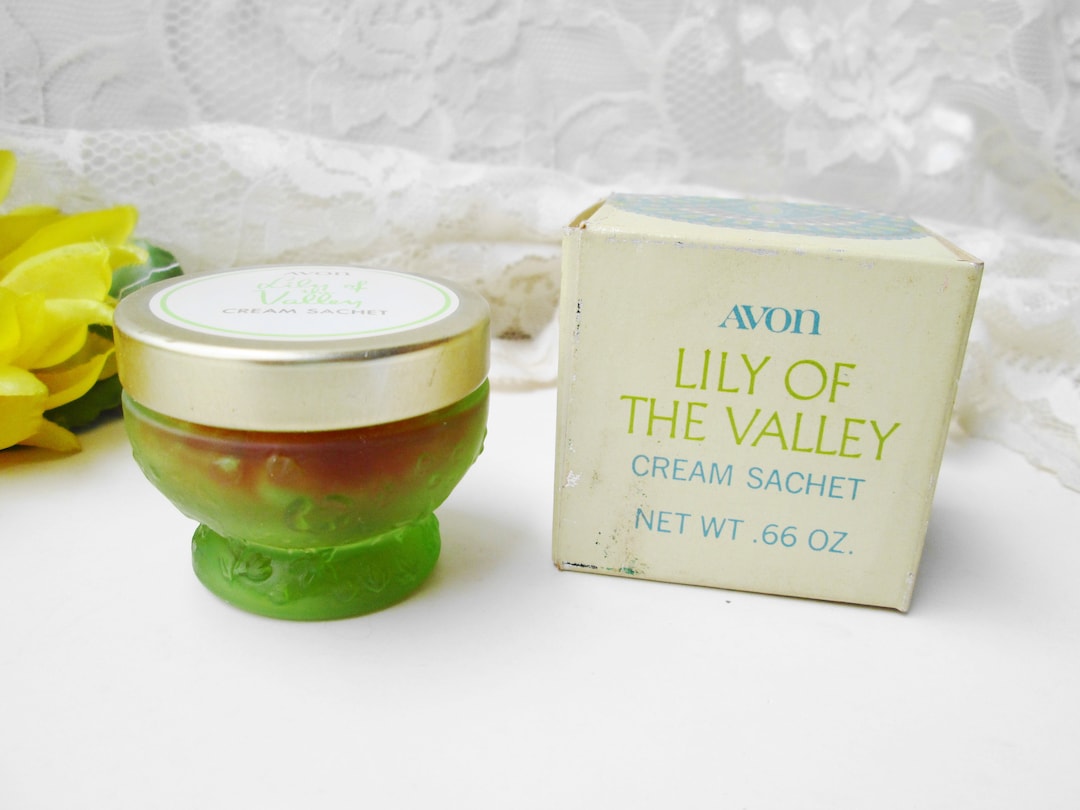 Avon Lilly of the Valley Sachet Green Glass Floral Embossed Jar With ...