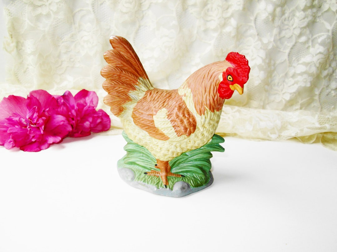 Chicken Hen Figure Figurine Vintage Bisque Ceramic Brown Yellow Farm ...