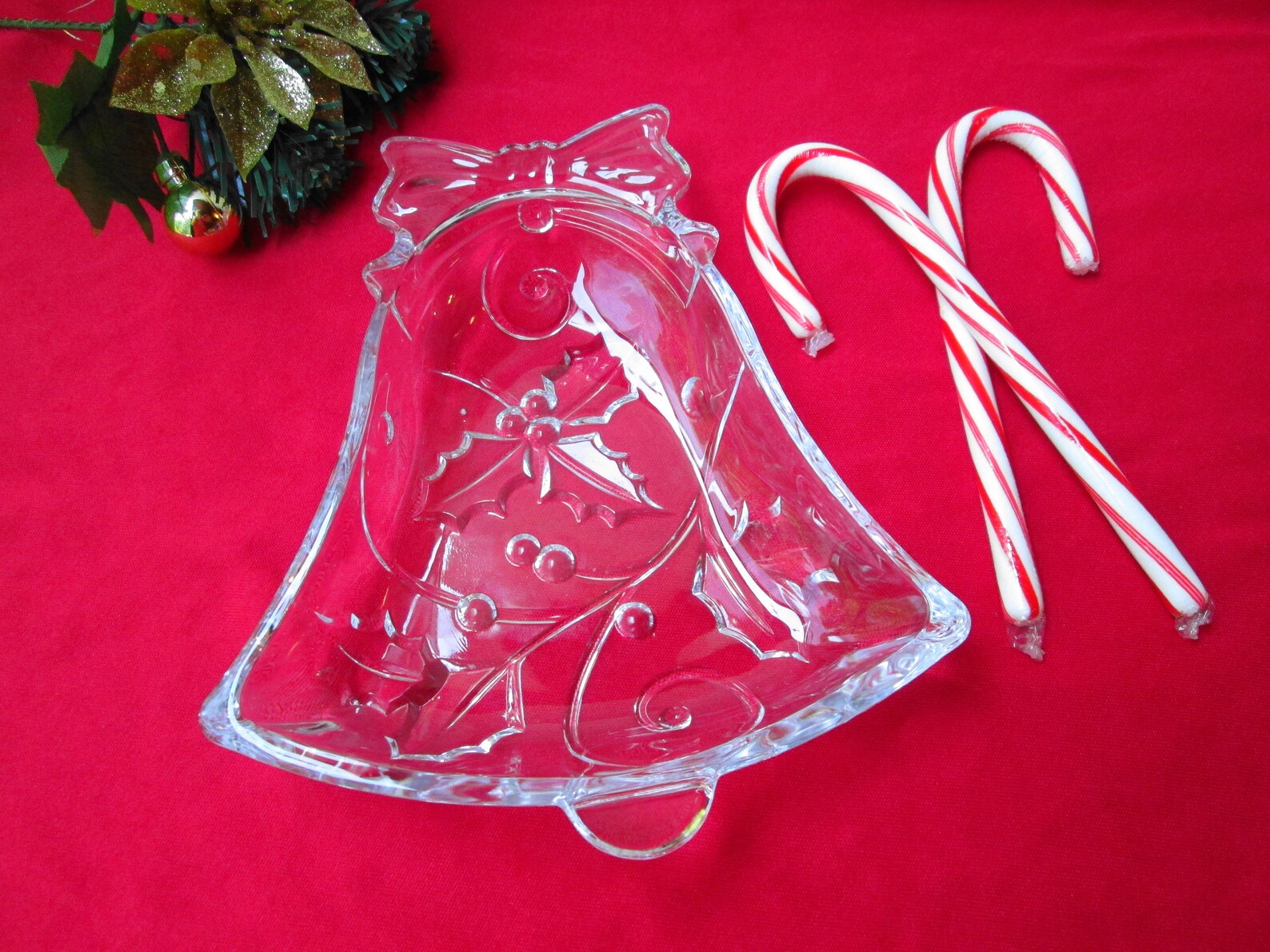 Glass Bell Bowl Christmas Holly Bell Candy Bowl Clear Glass 6-3/4" Tall ...