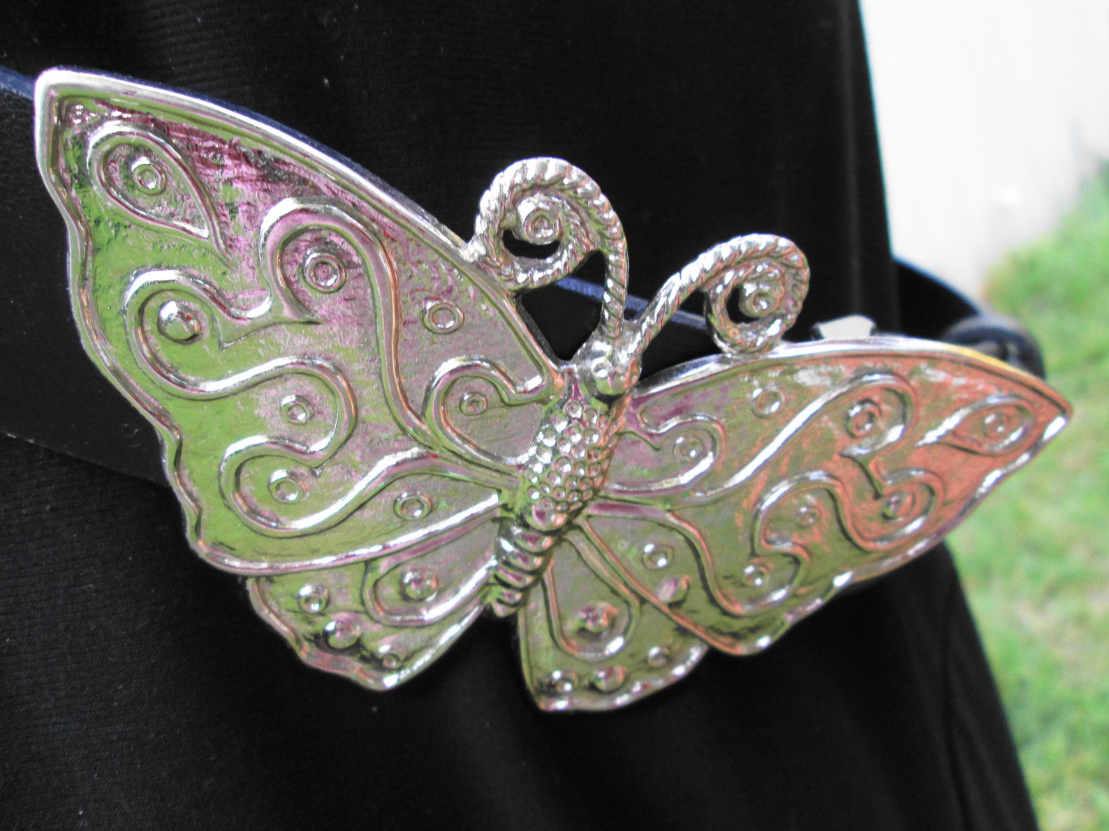 Black Leather Butterfly Belt Large Silver Metal Butterfly Buckle ...