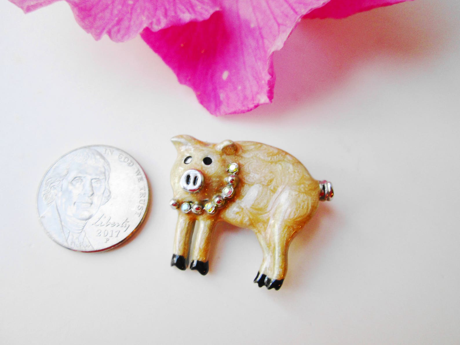Enameled Pig Brooch Pin Swirled Beige Pearlized Enamel W AB Crystal ...