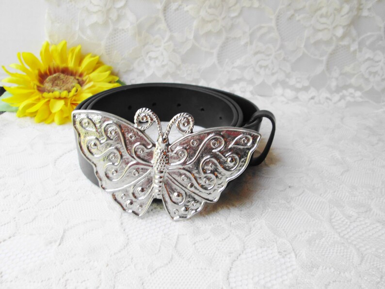 Black Leather Butterfly Belt Large Silver Metal Butterfly Buckle ...