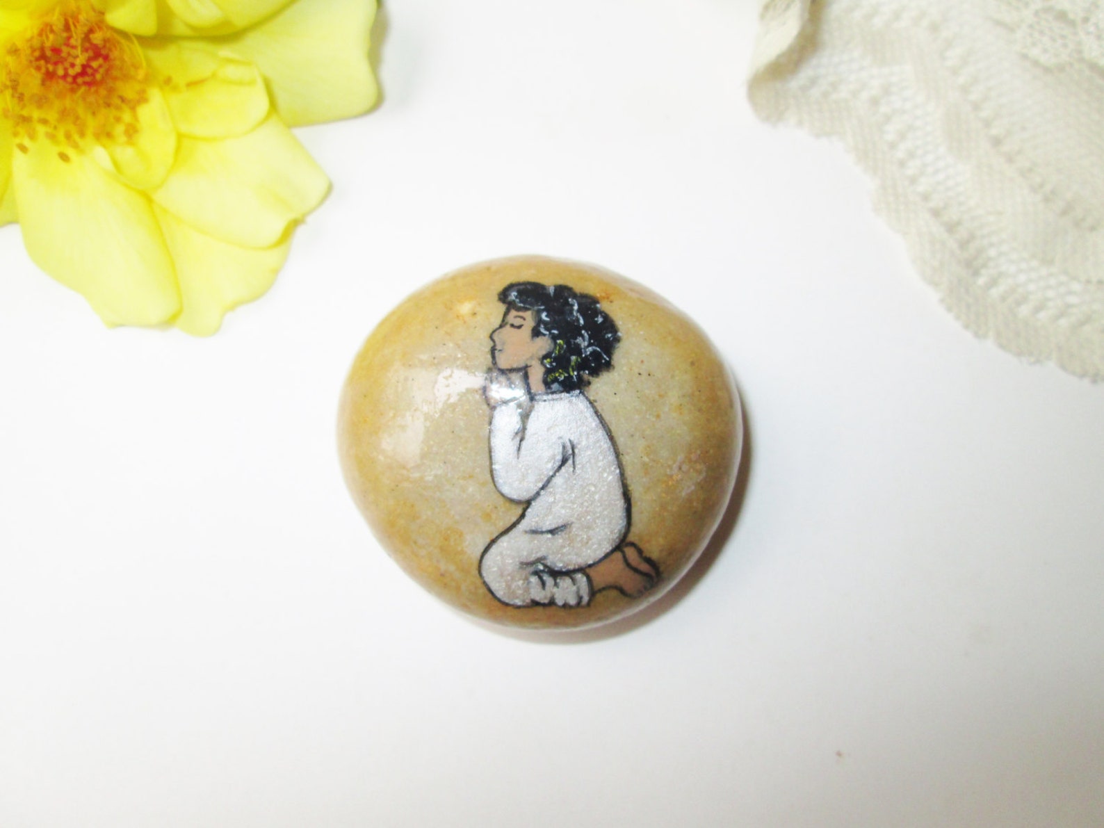 Hand Painted Rock Stone Praying Girl Scripture 2 Sides Painted John ...