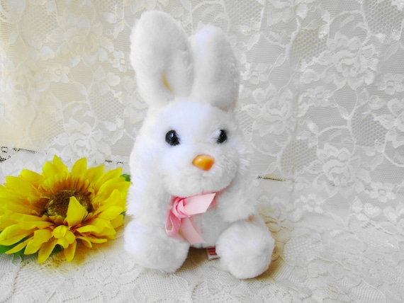 Plush White Easter Bunny Rabbit With Pink Bow Small Stuffed | Etsy