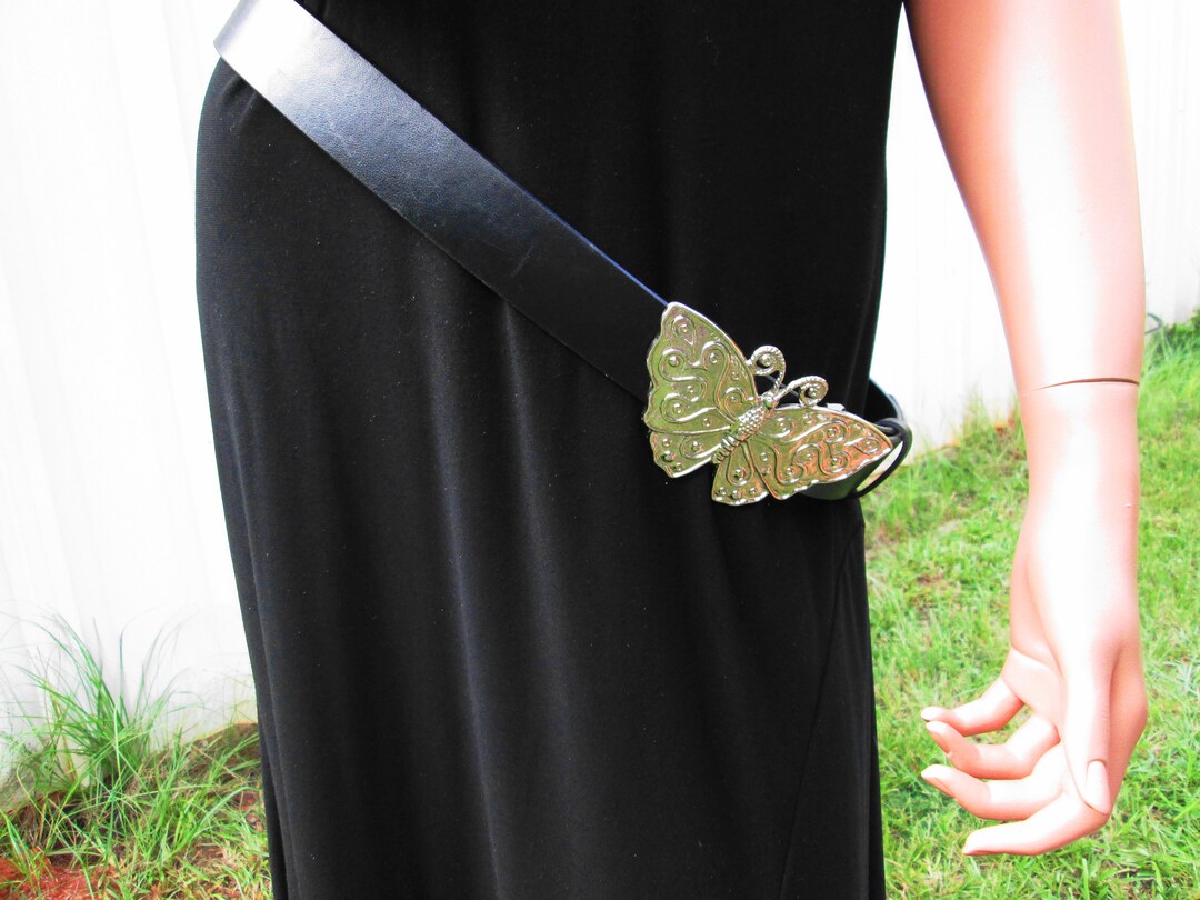 Black Leather Butterfly Belt Large Silver Metal Butterfly Buckle ...
